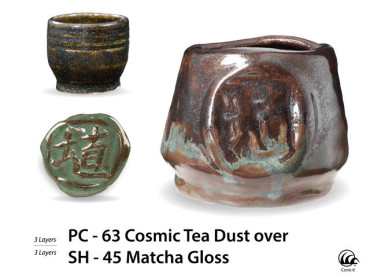 PC-63 Cosmic Tea Dust over SH-45 Matcha Gloss | AMACO Brent