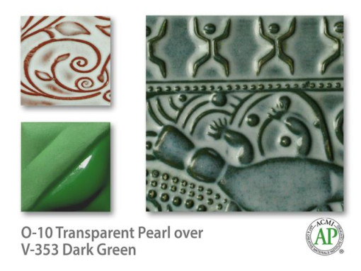 O-10 Transparent Pearl over V-353 Dark Green Underglaze | AMACO Brent
